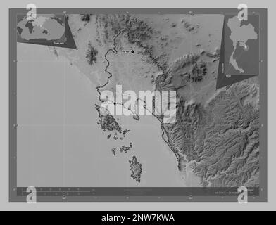 Trat, province of Thailand. Grayscale elevation map with lakes and ...