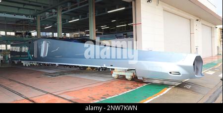 A test car, named ALFA-X, of a new Shinkansen bullet train model ...