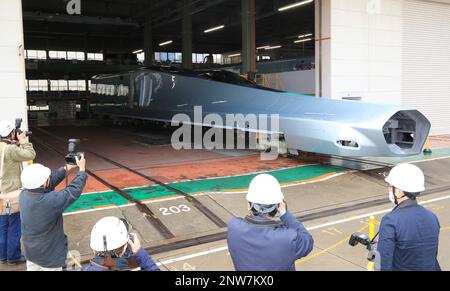 A test car, named ALFA-X, of a new Shinkansen bullet train model ...