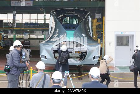 A test car, named ALFA-X, of a new Shinkansen bullet train model ...