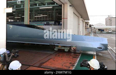 A test car, named ALFA-X, of a new Shinkansen bullet train model ...