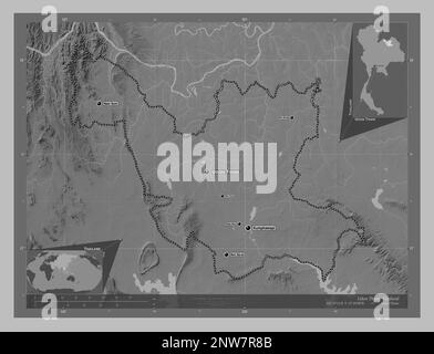 Udon Thani, province of Thailand. Grayscale elevation map with lakes ...