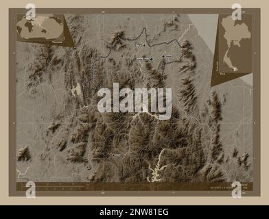 Yala, province of Thailand. Colored elevation map with lakes and rivers ...