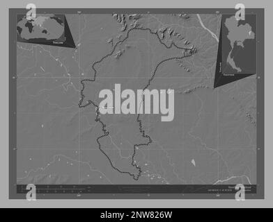 Yasothon, province of Thailand. Bilevel elevation map with lakes and ...
