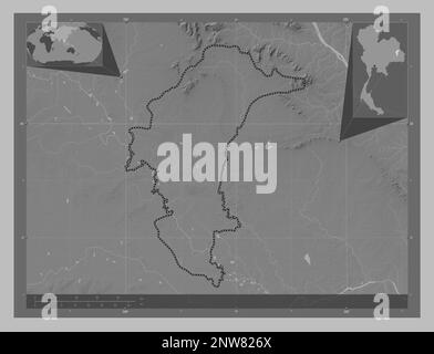 Yasothon, province of Thailand. Grayscale elevation map with lakes and ...