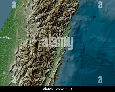 Hualien, county of Taiwan. Colored elevation map with lakes and rivers ...