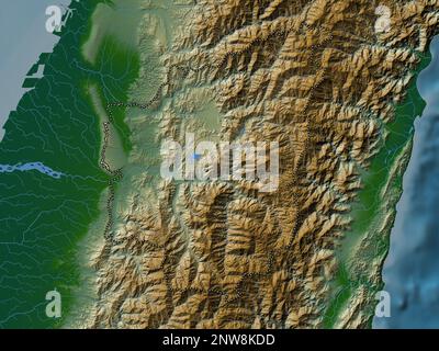 Nantou, county of Taiwan. Colored elevation map with lakes and rivers ...