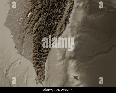Taitung, county of Taiwan. Colored elevation map with lakes and rivers ...