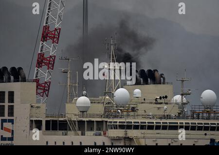 General view of the Castorone spitting out an impressive cloud of black ...