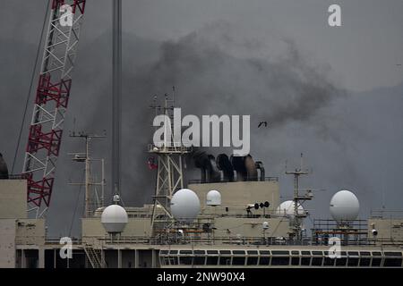 General view of the Castorone spitting out an impressive cloud of black ...