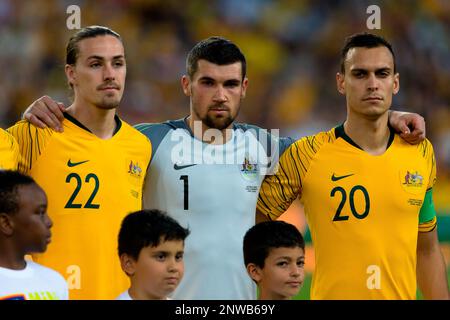 Australia goalkeeper Mathew Ryan and Jackson Irvine salute the fans ...