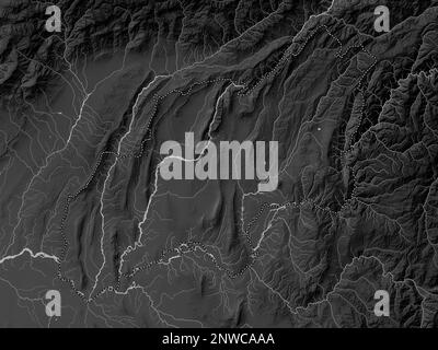 Khatlon, region of Tajikistan. Grayscale elevation map with lakes and ...