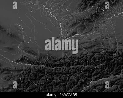 Sughd, region of Tajikistan. Grayscale elevation map with lakes and ...
