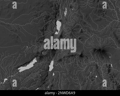 Arusha, region of Tanzania. Grayscale elevation map with lakes and ...