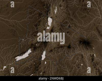 Arusha, region of Tanzania. Colored elevation map with lakes and rivers ...