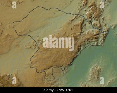 Iringa, region of Tanzania. Colored elevation map with lakes and rivers ...