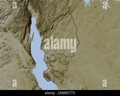 Kigoma, region of Tanzania. Colored elevation map with lakes and rivers ...