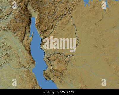 Kigoma, region of Tanzania. Colored elevation map with lakes and rivers ...
