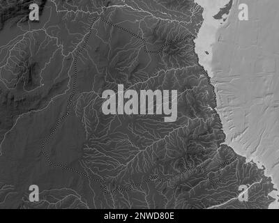 Lindi, region of Tanzania. Grayscale elevation map with lakes and ...