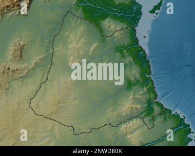 Lindi, region of Tanzania. Colored elevation map with lakes and rivers ...