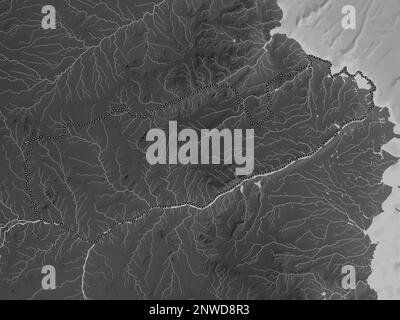 Mtwara, region of Tanzania. Grayscale elevation map with lakes and ...