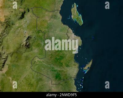 Pwani, region of Tanzania. Low resolution satellite map. Locations and ...