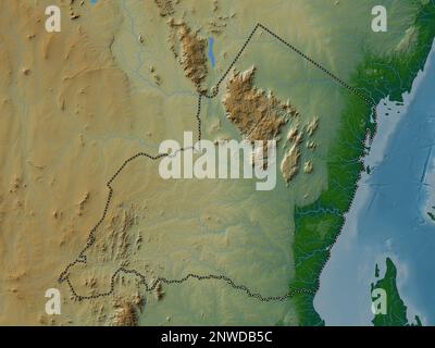Tanga, region of Tanzania. Colored elevation map with lakes and rivers ...