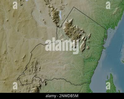 Tanga, region of Tanzania. Colored elevation map with lakes and rivers ...