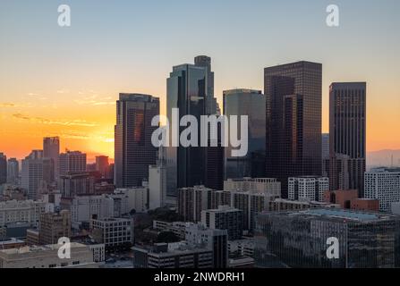 A picture of the skyscrapers of Downtown Los Angeles at sunset Stock ...