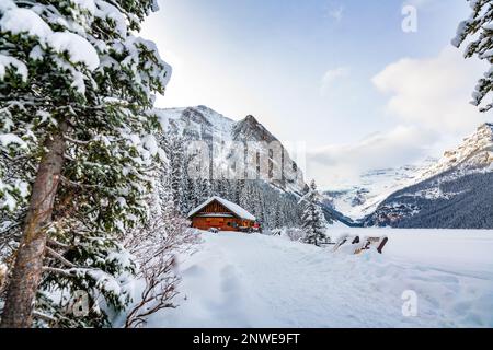 Iconic canoe shack at Lake Louise during winter time with beautiful ...
