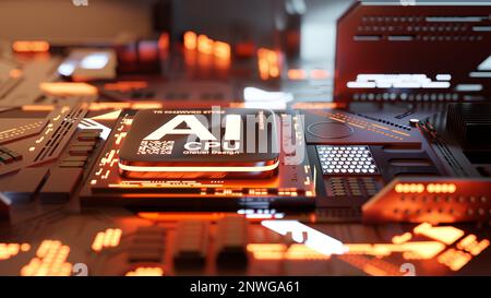 An AI Artificial Intelligence CPU processor controlling programmes and running tasks. 3D ...
