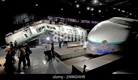 Damaged Joban Line train is placed at a facility to display trains ...