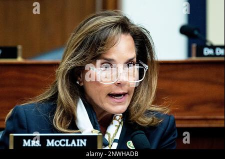 U.S. Representative Lisa McClain (R-MI) speaking at a press conference ...