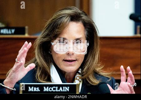 U.S. Representative Lisa McClain (R-MI) speaking at a press conference ...