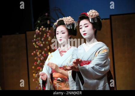 A maiko (geisha) performing Kyomai, a traditional dance in Kyoto Stock ...