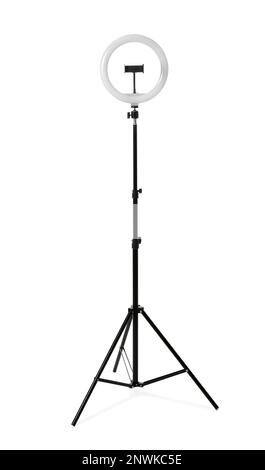 Modern tripod with ring light isolated on white Stock Photo - Alamy