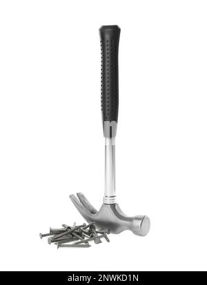 Claw hammer Stainless steel nails on wooden board Top view Construction ...