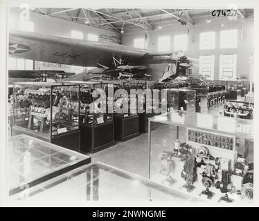 Aircraft, engines and instruments on display inside the museum Building ...
