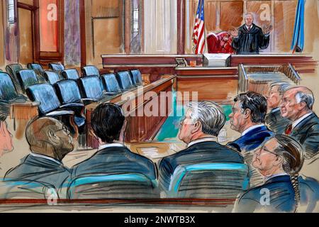 This courtroom sketch, from left, depicts Madison County prosecutor Rob ...