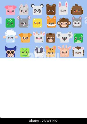Square animal faces, kawaii cartoon characters and cute zoo animals ...