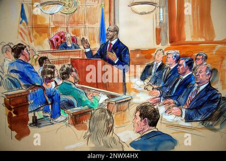 This courtroom sketch, from left, depicts Madison County prosecutor Rob ...