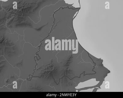 Ariana, governorate of Tunisia. Grayscale elevation map with lakes and ...