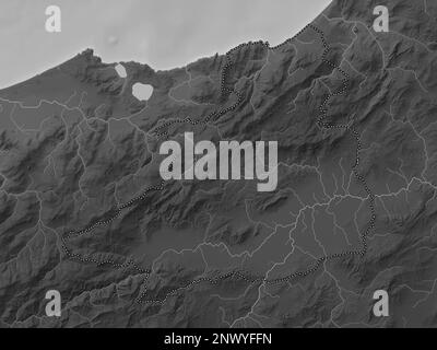 Jendouba, governorate of Tunisia. Grayscale elevation map with lakes ...