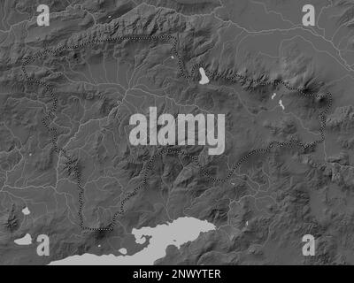Agr, province of Turkiye. Grayscale elevation map with lakes and rivers ...