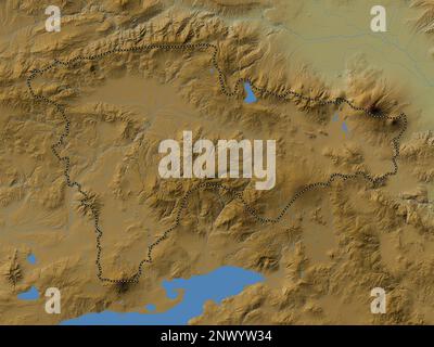 Agr, province of Turkiye. Colored elevation map with lakes and rivers ...