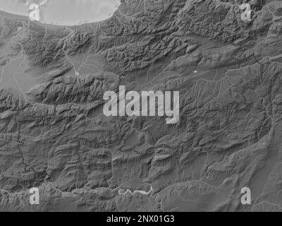 Bolu, province of Turkiye. Grayscale elevation map with lakes and ...
