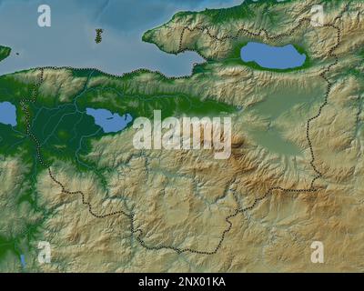 Bursa, province of Turkiye. Colored elevation map with lakes and rivers ...