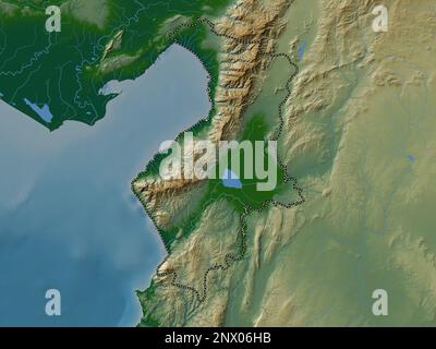 Hatay, province of Turkiye. Colored elevation map with lakes and rivers ...