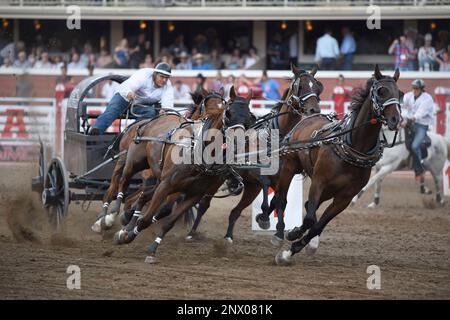 CALGARY, AB - JULY 06: Horses hit the finish line in the GMC Rangeland ...