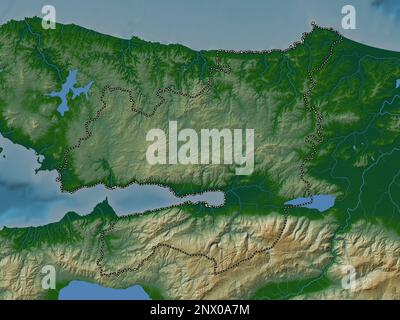 Kocaeli, province of Turkiye. Colored elevation map with lakes and ...